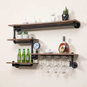 heoniture industrial pipe shelves wine rack wall mounted with 4 stem glass holder,bar shelves 39in metal hanging wine rack, rustic floating pipe shelf, living room kitchen decor display rack