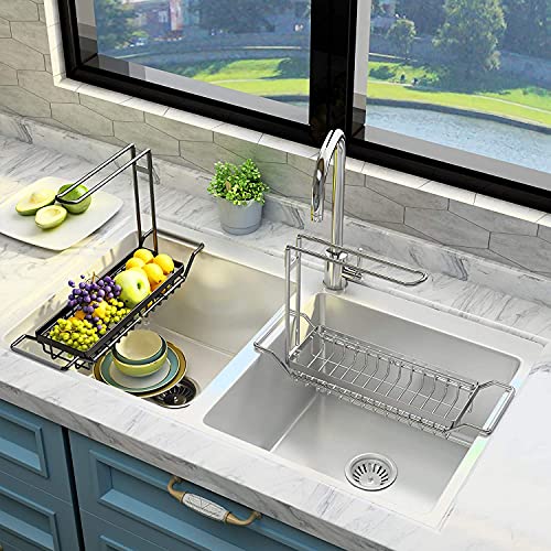 BEENLE 304 Stainless Steel Telescopic Sink Caddy Sponge Holder,Expandable Kitchen Sink Organizer Dish Drainer Rack Sink Tray Brush Soap Holder(16.7''- 21.3'') ,Silver