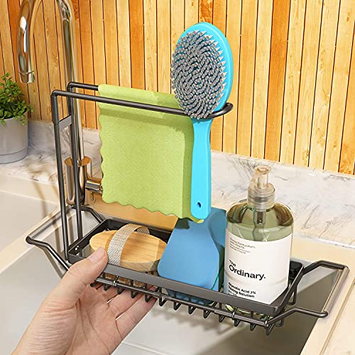 BEENLE 304 Stainless Steel Telescopic Sink Caddy Sponge Holder,Expandable Kitchen Sink Organizer Dish Drainer Rack Sink Tray Brush Soap Holder(16.7''- 21.3'') ,Silver