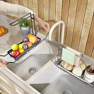 BEENLE 304 Stainless Steel Telescopic Sink Caddy Sponge Holder,Expandable Kitchen Sink Organizer Dish Drainer Rack Sink Tray Brush Soap Holder(16.7''- 21.3'') ,Silver