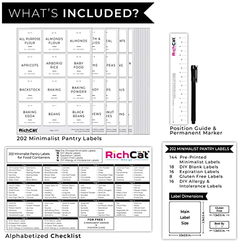 202 Kitchen Pantry Labels for Food Containers - Preprinted Stickers for Food Containers, Storage Bins, Jars and Canisters. Labels for Organizing Kitchen Pantry(with Permanent Pen and Position Guide)