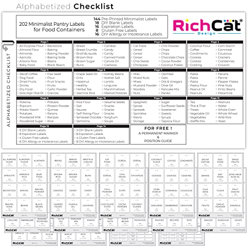 202 Kitchen Pantry Labels for Food Containers - Preprinted Stickers for Food Containers, Storage Bins, Jars and Canisters. Labels for Organizing Kitchen Pantry(with Permanent Pen and Position Guide)