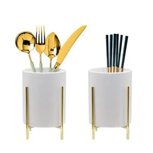 kitchen utensil holder, ceramic utensil holder with metal frame chic & modern kitchen cooking utensil holder, robust silverware caddy 4.7*3.15 inch gold 2 piece set