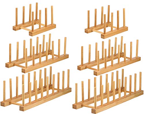 Lawei Set of 6 Bamboo Dish Rack - 3/6/8 Slots Wooden Plate Rack Stand Pot Lid Holder Dish Drying Rack for Dish, Bowl, Cup, Cutting Board and More