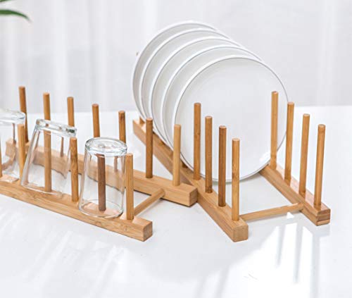 Lawei Set of 6 Bamboo Dish Rack - 3/6/8 Slots Wooden Plate Rack Stand Pot Lid Holder Dish Drying Rack for Dish, Bowl, Cup, Cutting Board and More