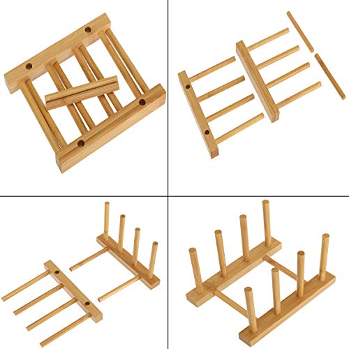 Lawei Set of 6 Bamboo Dish Rack - 3/6/8 Slots Wooden Plate Rack Stand Pot Lid Holder Dish Drying Rack for Dish, Bowl, Cup, Cutting Board and More