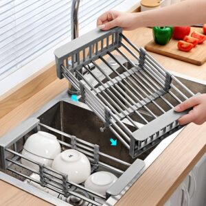 1pc drain rack, stainless steel kitchen basket, home dish rack, retractable sink shelf, 22 * 29 * 9.5cm/8.66 * 11.41 * 3.14in