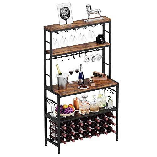 Monesti Wine Rack Freestanding, Industrial Wine Bar Rack, Floor Liquor Wine Cabinet Storage with 16 Hooks(Rustic Brown).