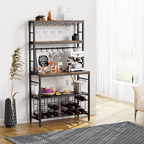 Monesti Wine Rack Freestanding, Industrial Wine Bar Rack, Floor Liquor Wine Cabinet Storage with 16 Hooks(Rustic Brown).