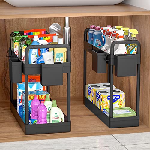 PdMiBS 2PCS Under Sink Organizers and Storage,Bathroom Organizers Under Sink ,2Tier Kitchen Countertop Organizer Under Sink Shelf with Handle for Bathroom,Kicthen