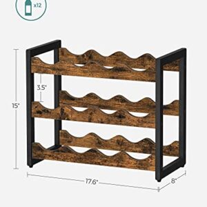 SONGMICS Countertop Wine Rack, 3-Tier Display Wine Storage Shelves, Holds 12 Bottles, Bamboo Wobble-Free Bottle Holder for Kitchen Bar Dining Room Living Room, Rustic Brown and Black UKWR011B01