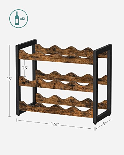 SONGMICS Countertop Wine Rack, 3-Tier Display Wine Storage Shelves, Holds 12 Bottles, Bamboo Wobble-Free Bottle Holder for Kitchen Bar Dining Room Living Room, Rustic Brown and Black UKWR011B01