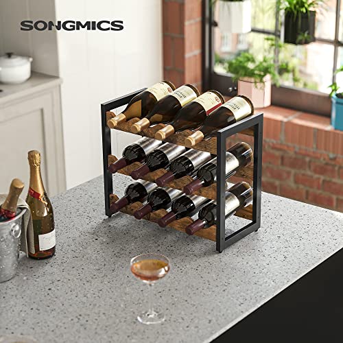 SONGMICS Countertop Wine Rack, 3-Tier Display Wine Storage Shelves, Holds 12 Bottles, Bamboo Wobble-Free Bottle Holder for Kitchen Bar Dining Room Living Room, Rustic Brown and Black UKWR011B01