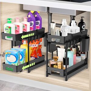 2Pack Under Sink Organizers and Storage Double Sliding,2 Tier Pull Out Cabinet Organizer Bathroom Storage Organizer with Hooks Hanging Cups Dividers,Under Sink Storage for Bathroom Kitchen Countertop