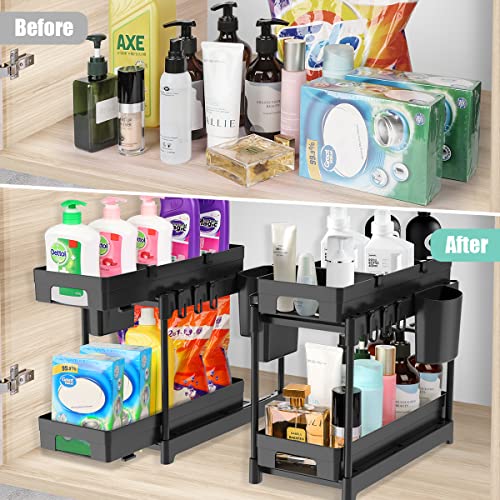 2Pack Under Sink Organizers and Storage Double Sliding,2 Tier Pull Out Cabinet Organizer Bathroom Storage Organizer with Hooks Hanging Cups Dividers,Under Sink Storage for Bathroom Kitchen Countertop