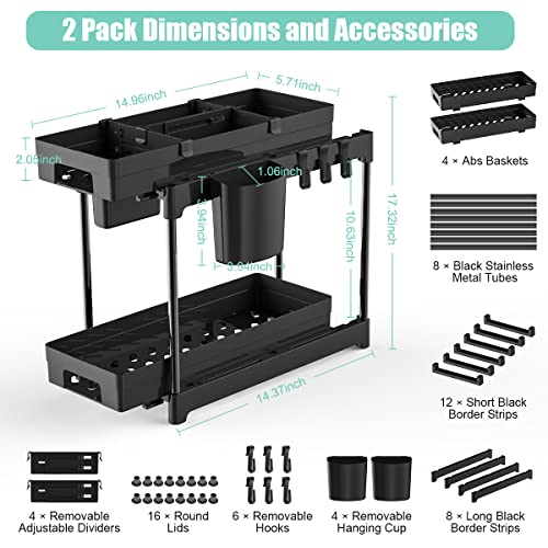 2Pack Under Sink Organizers and Storage Double Sliding,2 Tier Pull Out Cabinet Organizer Bathroom Storage Organizer with Hooks Hanging Cups Dividers,Under Sink Storage for Bathroom Kitchen Countertop