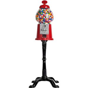 gumball machine – 15 inch candy dispenser with stand for 0.62 inch bubble gumball – heavy duty red metal with large glass bowl – easy twist-off refill – free or coin operated – by the candery