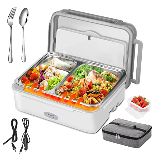 MDHAND Electric Lunch Box, Heating Lunch Box, 2 In 1 Food Warmer Lunch Box 110V/12V for Car and Home, 304 Stainless Steel Lunch Box Container, Upgrade 60W Faster Heating Food Warmer Lunch Box