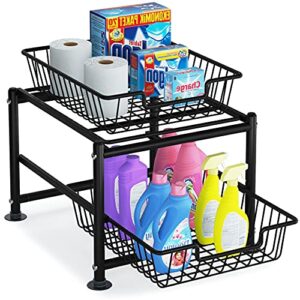 under sink organzier, 1easylife 2 tier sliding cabinet basket under sink storage pull out organizer rack black with anti-slip beads and silicone sucker multi-purpose for kitchen bathroom