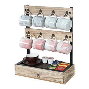 yuzehuaza wood mug cup rack stand with drawer,2 tier countertop coffee mug storage holder for coffee mug cups display organizer hook,hold 8 mugs