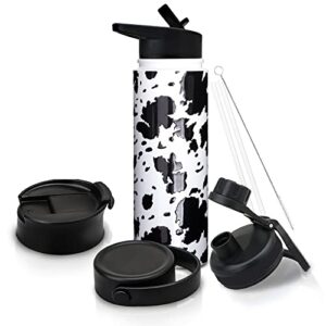 Boelia Cow Print Water Bottles Insulated Stainless Steel Water Bottle,4 lids Water Bottle with Straw Vacuum Insulated Keep Hot and Cold BPA Free 24 oz for Workout，Travel，Sports, Camping