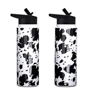 Boelia Cow Print Water Bottles Insulated Stainless Steel Water Bottle,4 lids Water Bottle with Straw Vacuum Insulated Keep Hot and Cold BPA Free 24 oz for Workout，Travel，Sports, Camping