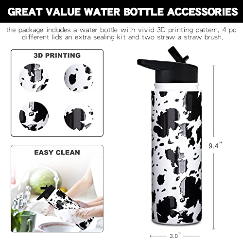 Boelia Cow Print Water Bottles Insulated Stainless Steel Water Bottle,4 lids Water Bottle with Straw Vacuum Insulated Keep Hot and Cold BPA Free 24 oz for Workout，Travel，Sports, Camping