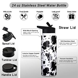 Boelia Cow Print Water Bottles Insulated Stainless Steel Water Bottle,4 lids Water Bottle with Straw Vacuum Insulated Keep Hot and Cold BPA Free 24 oz for Workout，Travel，Sports, Camping