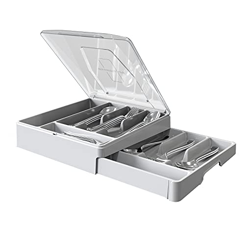 Geerna Double Layer Silverware Tray with Lid, Utensil Holder for Countertop Flatware Organizer for Kitchen Drawers with 2 Tier Cutlery Tray and 9 Compartments Silverware Storage Bin (White)