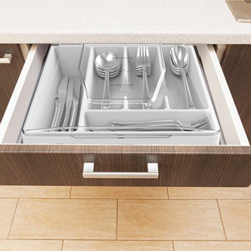 Geerna Double Layer Silverware Tray with Lid, Utensil Holder for Countertop Flatware Organizer for Kitchen Drawers with 2 Tier Cutlery Tray and 9 Compartments Silverware Storage Bin (White)