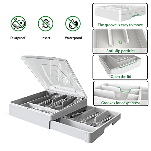 Geerna Double Layer Silverware Tray with Lid, Utensil Holder for Countertop Flatware Organizer for Kitchen Drawers with 2 Tier Cutlery Tray and 9 Compartments Silverware Storage Bin (White)