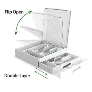 Geerna Double Layer Silverware Tray with Lid, Utensil Holder for Countertop Flatware Organizer for Kitchen Drawers with 2 Tier Cutlery Tray and 9 Compartments Silverware Storage Bin (White)