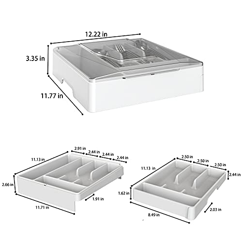 Geerna Double Layer Silverware Tray with Lid, Utensil Holder for Countertop Flatware Organizer for Kitchen Drawers with 2 Tier Cutlery Tray and 9 Compartments Silverware Storage Bin (White)