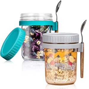 kesaplan overnight oats containers with lid and spoon set of 2, 10 oz large airtight capacity overnight oats jars with measurement marks, reusable on the go cups for salads yogurt cereal milk