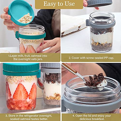 KesaPlan Overnight Oats Containers with Lid and Spoon Set of 2, 10 oz Large Airtight Capacity Overnight Oats Jars with Measurement Marks, Reusable On The Go Cups for Salads Yogurt Cereal Milk