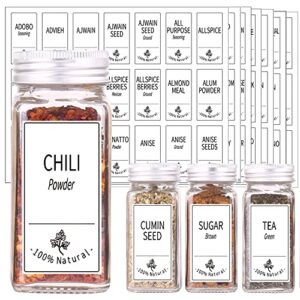 SWOMMOLY 36 Glass Spice Jars with 806 White Spice Labels, Chalk Marker and Funnel Complete Set. Square Bottles 4 oz Empty Spice Containers, Airtight Cap, Pour/sift Shaker Lid