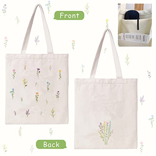 Kazova Floral Cotton Canvas Tote Bag Minimalist Bouquet Aesthetic Tote Bag Reusable Canvas Shopping Wildflower Botanical Flower Tote Bag gift for her