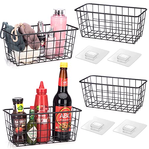 Hanging Kitchen Baskets Adhesive Sturdy Wire Storage Baskets with Kitchen Food Pantry Bathroom Shelf Storage No Drilling Wall Mounted,Black,4 Pack