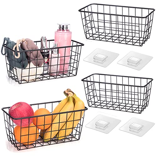 Hanging Kitchen Baskets Adhesive Sturdy Wire Storage Baskets with Kitchen Food Pantry Bathroom Shelf Storage No Drilling Wall Mounted,Black,4 Pack