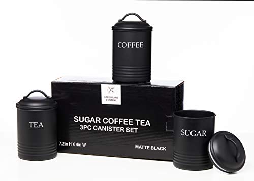 Steelware Central Kitchen Canister Set of 3 Sugar Coffee Tea with lids Food Storage, Black