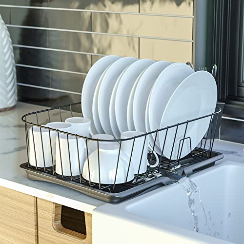 TEKNOTEL Dish Rack Large Dish Drying Rack with Swivel Spout for Kitchen Counter, Expandable Dish Drainer Rack with Utensil Holder and Cup Holder (Rectangle)