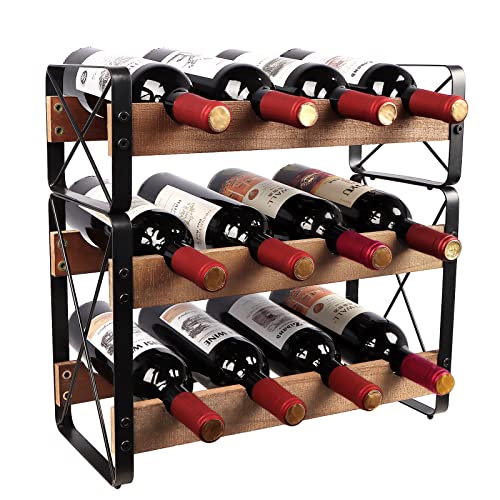 Timberer Tabletop Wine Racks Countertop,3 Tier Wood Wine Bottle Holder Stand,12 Bottles Wine Storage Organizer, Rustic Small Wine Rack for Cabinet, Kitchen, Bar, Cellar