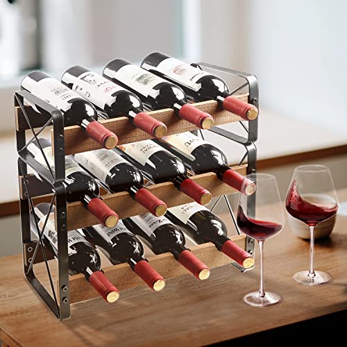 Timberer Tabletop Wine Racks Countertop,3 Tier Wood Wine Bottle Holder Stand,12 Bottles Wine Storage Organizer, Rustic Small Wine Rack for Cabinet, Kitchen, Bar, Cellar