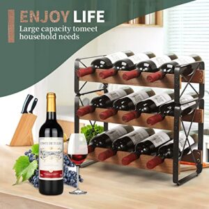 Timberer Tabletop Wine Racks Countertop,3 Tier Wood Wine Bottle Holder Stand,12 Bottles Wine Storage Organizer, Rustic Small Wine Rack for Cabinet, Kitchen, Bar, Cellar