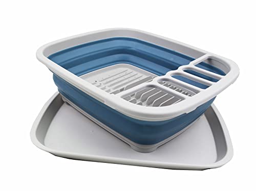 SAMMART 8L (2.11Gallons) Collapsible Dish Drainer with Drainer Board - Foldable Drying Rack Set - Portable Dinnerware Organizer - Space Saving Kitchen Storage Tray (Grey/Steel Blue, 1)