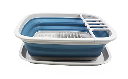 SAMMART 8L (2.11Gallons) Collapsible Dish Drainer with Drainer Board - Foldable Drying Rack Set - Portable Dinnerware Organizer - Space Saving Kitchen Storage Tray (Grey/Steel Blue, 1)