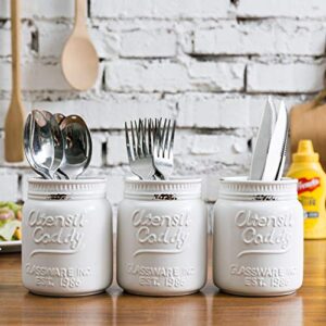 mygift farmhouse white ceramic mason jar utensil holder with embossed design, decorative flatware display jars, set of 3