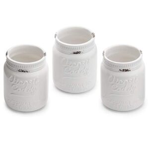 MyGift Farmhouse White Ceramic Mason Jar Utensil Holder with Embossed Design, Decorative Flatware Display Jars, Set of 3