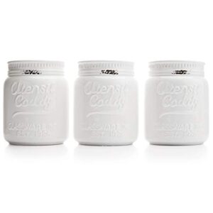 MyGift Farmhouse White Ceramic Mason Jar Utensil Holder with Embossed Design, Decorative Flatware Display Jars, Set of 3