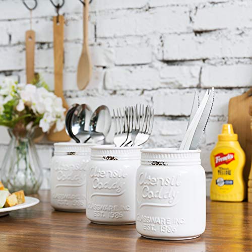 MyGift Farmhouse White Ceramic Mason Jar Utensil Holder with Embossed Design, Decorative Flatware Display Jars, Set of 3